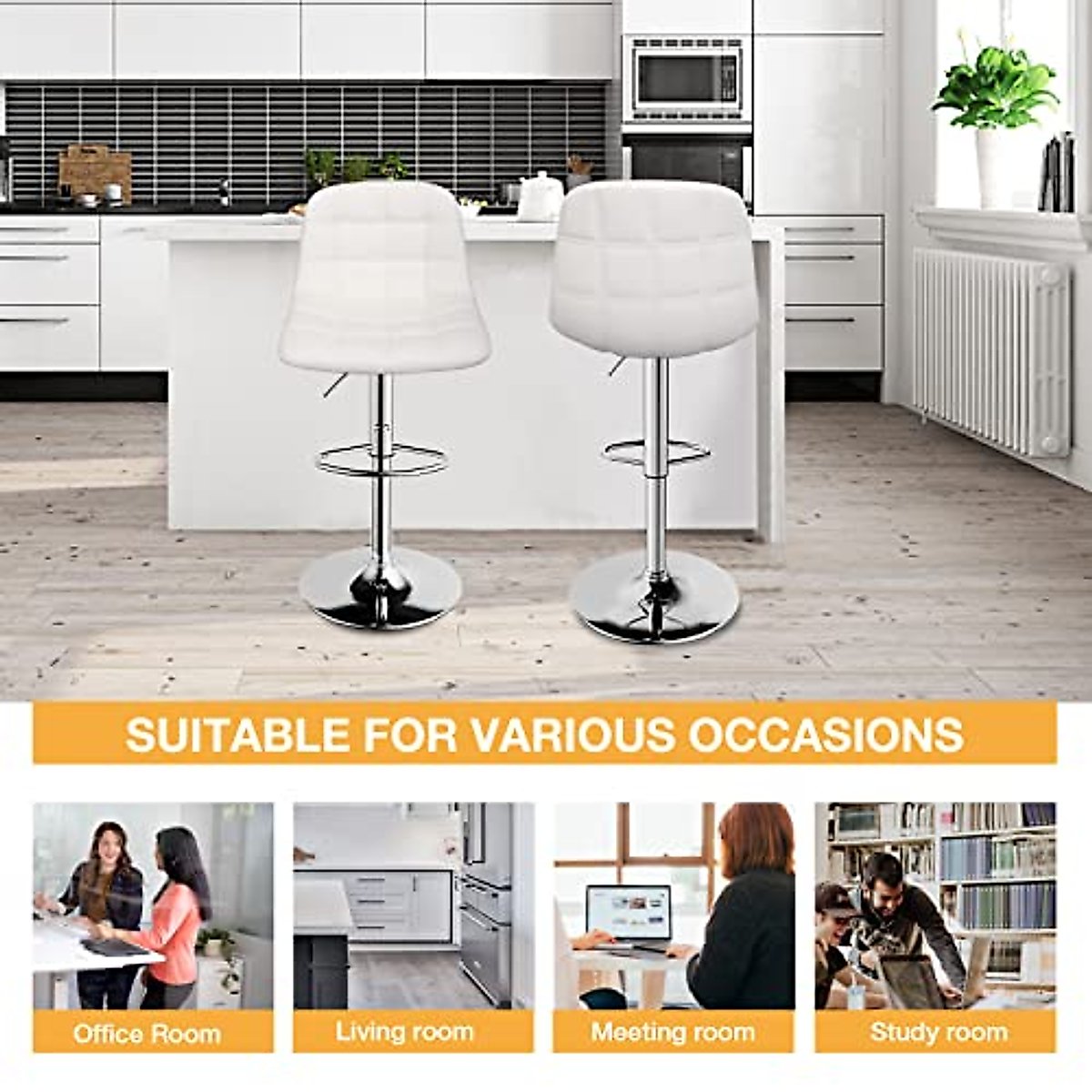 ErgoDesign Bar Stools Set of 2, Adjustable Barstools with Back, Swivel Bar Chairs (White)