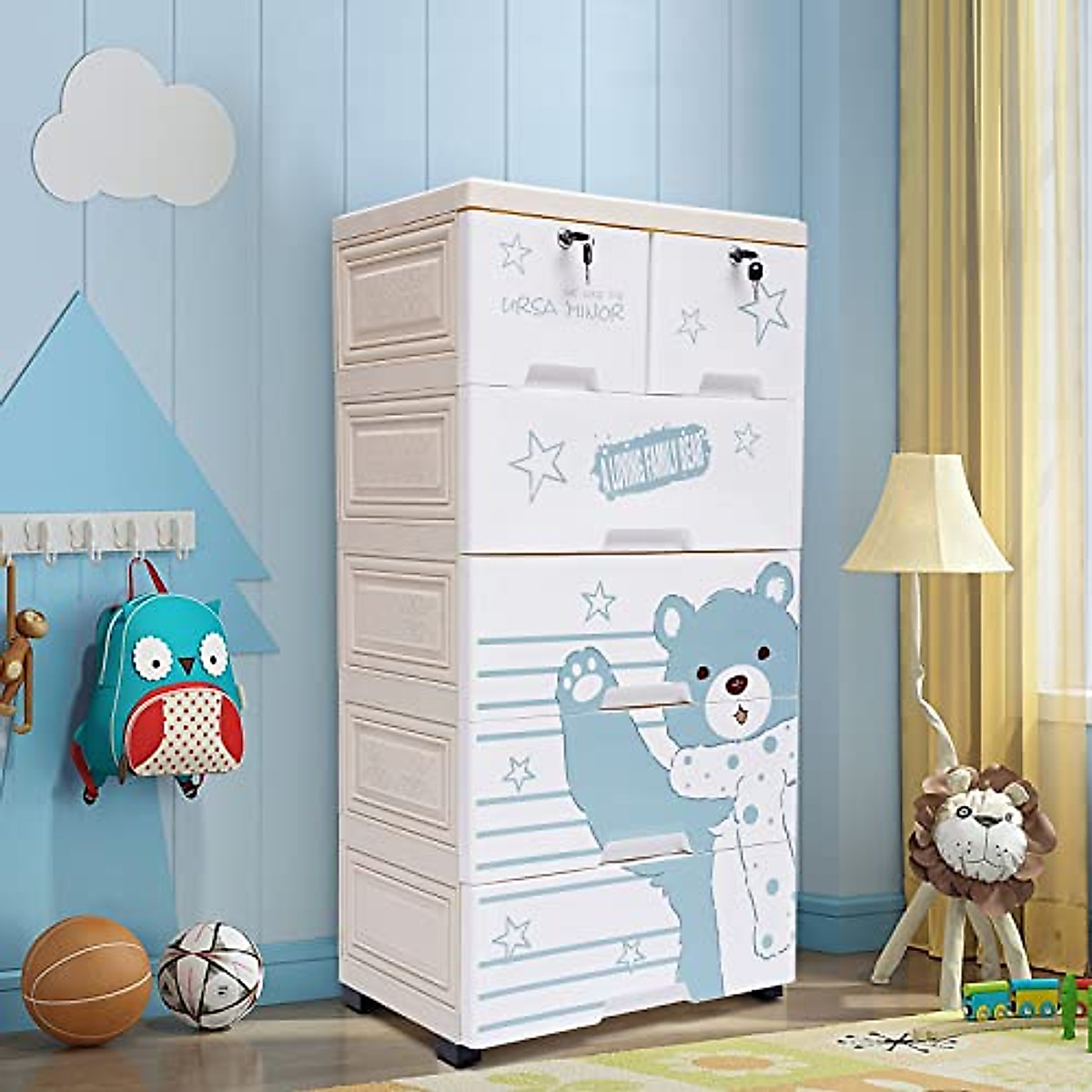 Plastic Drawers Dresser, Storage Cabinet with 6 Drawers, Closet Drawers Tall Dresser Organizer for Clothes,Playroom,Bedroom Furniture, 5 Wheels, 2 Locks, 66lbs Load Capacity (White - Polar Bear)