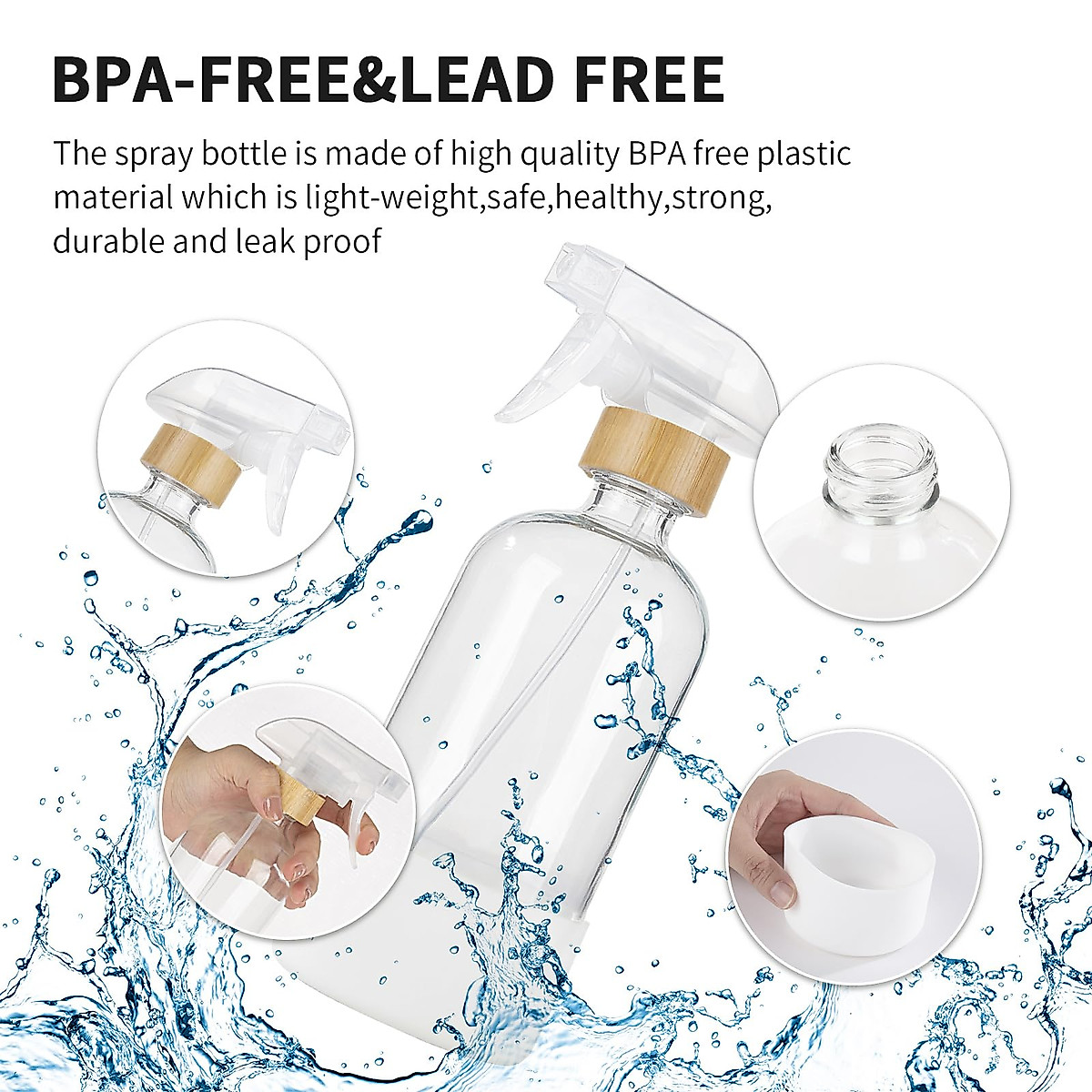 HOMBYS Empty Bamboo Glass Spray Bottles with Silicone Sleeve Protection - Refillable 17 oz Clear Glass Containers for Cleaning Solutions, Essential Oils, Misting Plants - Quality Sprayer - 3 Pack