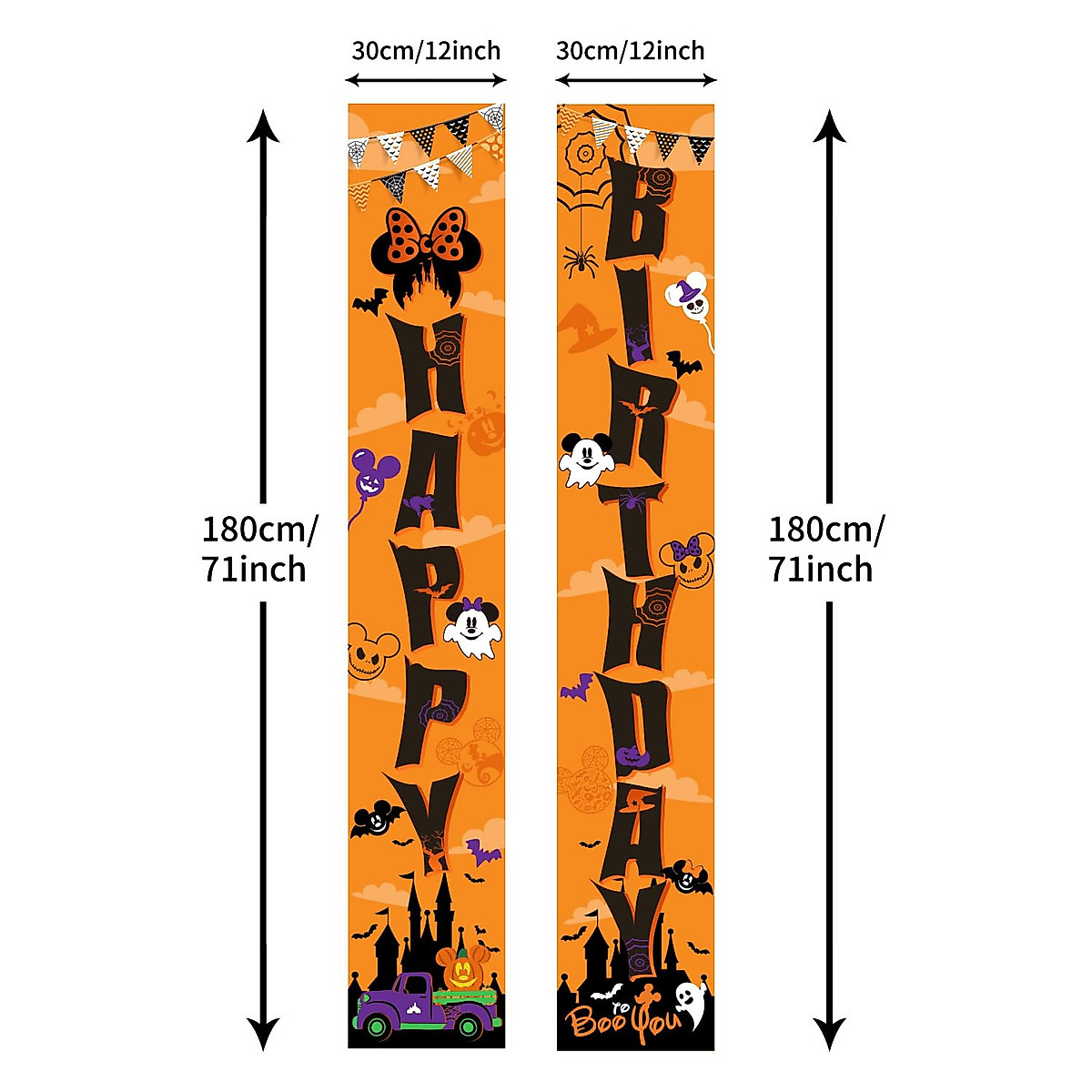 Halloween Birthday Party Decorations Door Banners, 2pcs Happy Birthday Porch Sign Banner, Cartoon Themed Party Supplies Decorations Welcome Door Banner for Halloween Birthday Party
