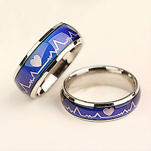 JEYKAY Color Changing Titanium/Stainless Steel Mood Ring, EKG w/Hearts Design, Gift Box Included. (Change Color, 10)