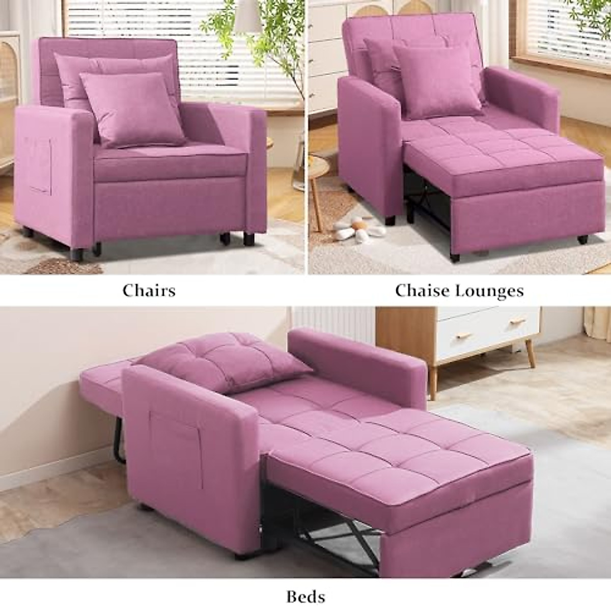 GOOGIC Convertible Chair Bed - Folding Sofa Bed Chair with Adjustable Backrest, 3-in-1 Multi-Functional Pull Out Sleeper Chair Bed Single Armchair Sofa Bed with Side Pocket (Pink)