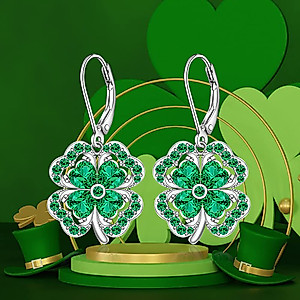 Shamrock Earrings St Patrick’s Day Earrings Four Leaf Clover Earrings for Women Sterling Silver Lucky Dangle Drop Green Clover Irish Celtic Gifts
