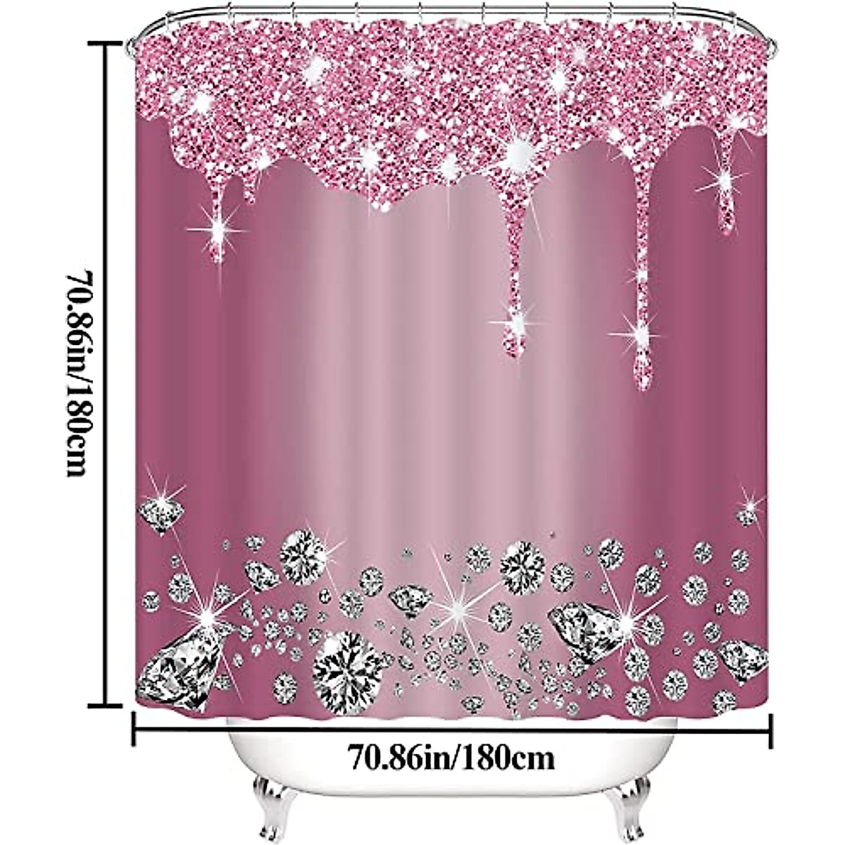 Glitter Diamond Shower Curtain for Bathroom Set Decor with Non-Slip Rugs Bath U-Shaped Mat Toilet Lid Cover Pink Bathroom Curtains Shower Set with 12 Hooks, Glitter Siamond Bathroom Set
