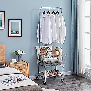 Topeakmart Wire Commercial Rolling Laundry Cart Bulter Garment Rack,Laundry Butler Storage Rack,w/Hanging Wire Rack Wash Basket/Bag Mesh Collapsible Racks on Wheels