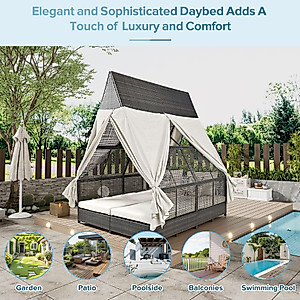 Merax Outdoor Daybed Patio Lounge Bed with Adjustable Backrest Outdoor Double Sun Lounger with Curtains, 2 Pillows for Garden Patio Poolside Balcony Beach