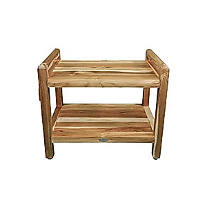 EcoDecors Eleganto Earthy Teak Shower Bench 2-Tier Wooden Seat Spa Shower Stool with Storage Shelf and LtAide Arms,for Indoor and Outdoor- 24 Inches