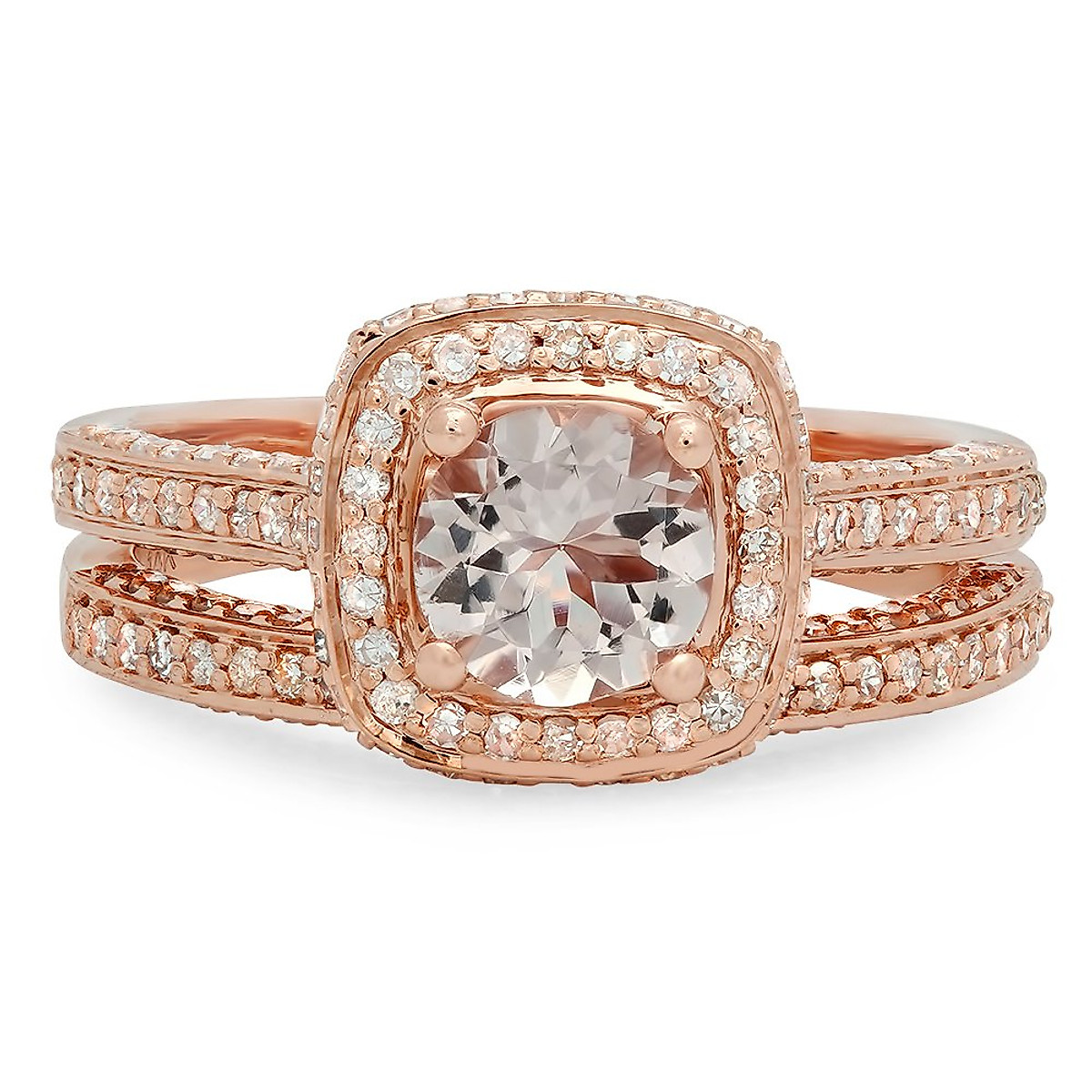 Dazzlingrock Collection 14K Round Morganite & White Diamond Bridal Split Shank Halo Engagement Ring Set, Rose Gold, Size 7