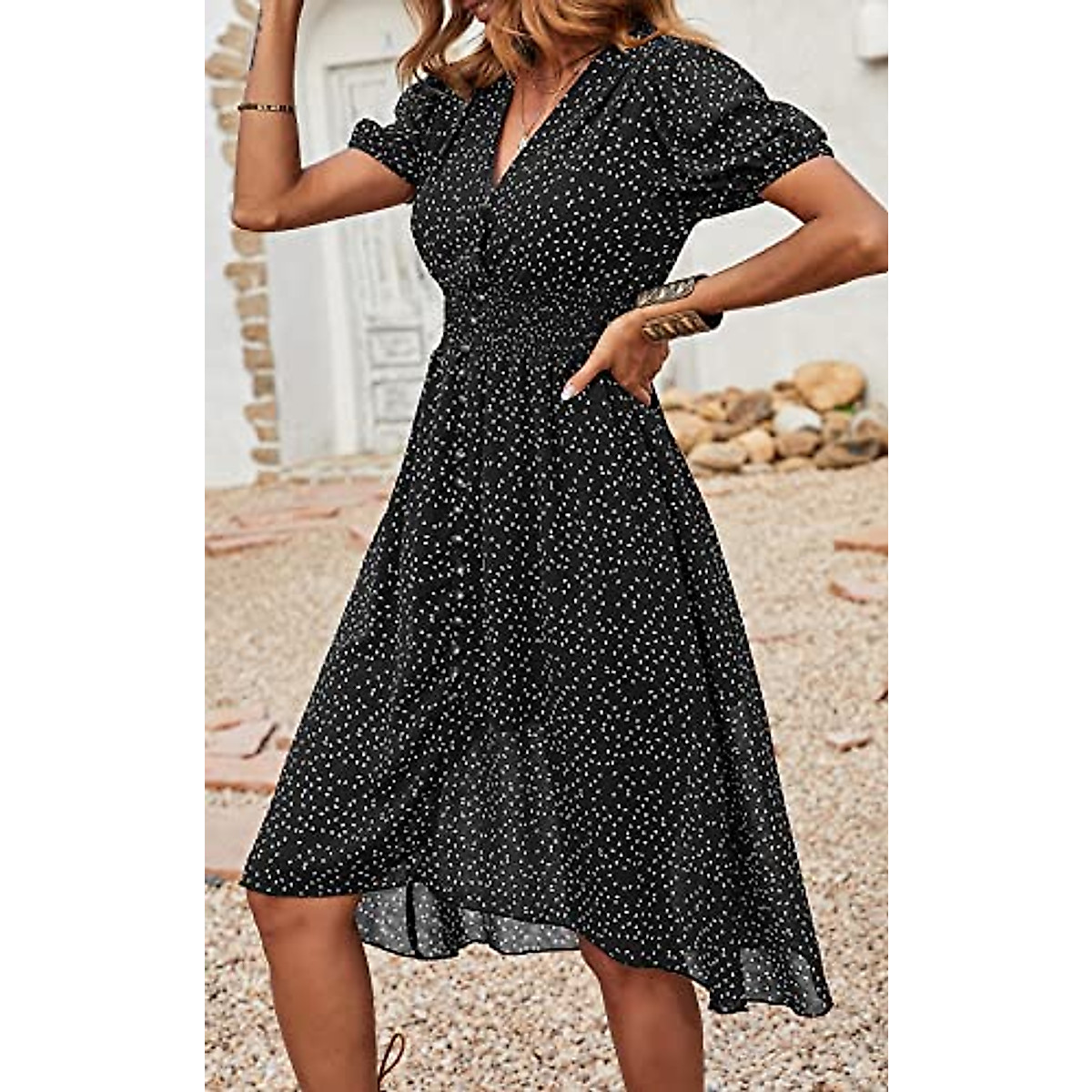 PRETTYGARDEN Casual Summer Dresses for Women Knee Length Polka Dot Floral Printed Short Sleeve Wrap Dress Midi Button Down Dress for Women Wedding Guest (Black, Medium)