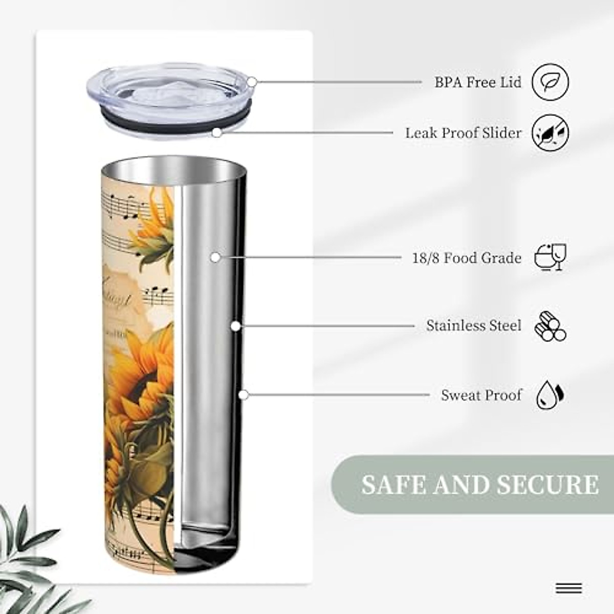 Tangopi Song Sunflower 20 oz Tumbler with Lid and Straw Insulated Travel Coffee Mug Reusable Spill Proof Coffee Cups Stainless Steel Water Bottle for Hot and Cold Drinks