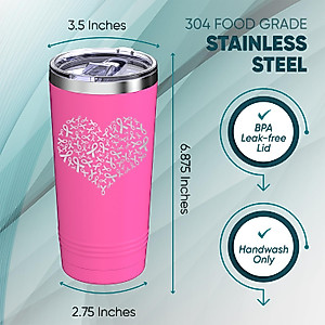 shop4ever Breast Cancer Awareness Pink Ribbon Heart Insulated Tumblers 20 oz. with Lid, Stainless Steel Cups Travel Coffee Mug (Pink)