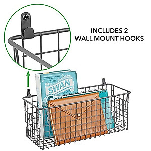 mDesign Portable Metal Farmhouse Wall Decor Storage Organizer Basket Bin with Handles for Hanging in Entryway, Mudroom, Bedroom, Bathroom, Laundry Room - Wall Mount Hooks Included, 2 Pack - Graphite