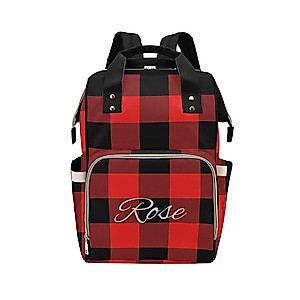 CUXWEOT Personalized Red Black Diaper Bag Backpack with Name Custom Mommy Nursing Baby Bags Nappy Bag Casual Travel Daypack for Mom Girl Gifts