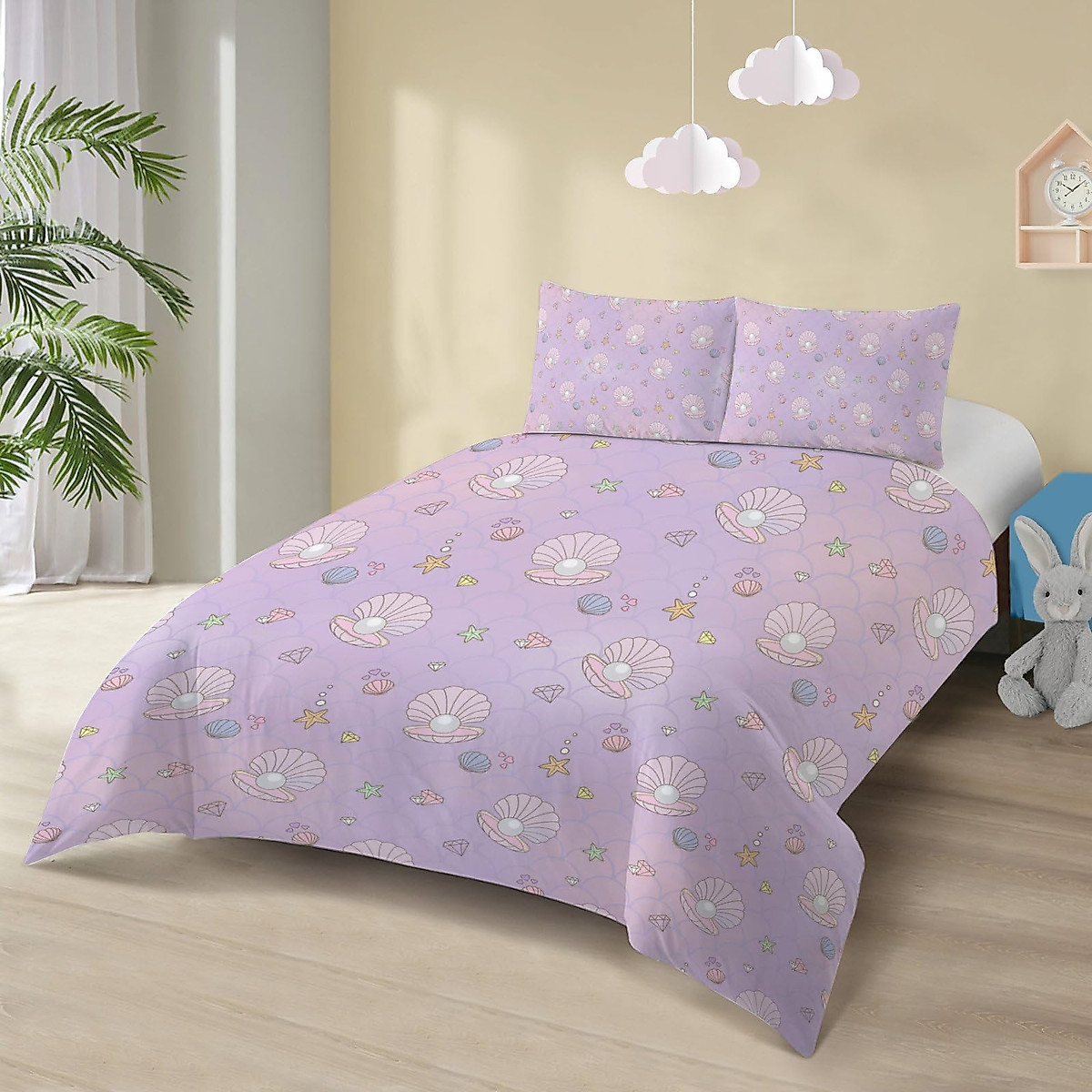 YULEEE Ocean Duvet Cover Set Twin Size - Purple Fish Scales Bedding Set for Kid, Bedroom Decor, Diamonds Pearl Shells Quilt Cover with Zipper Closure, 3 Pcs Reversible Soft Comforter Cover Set