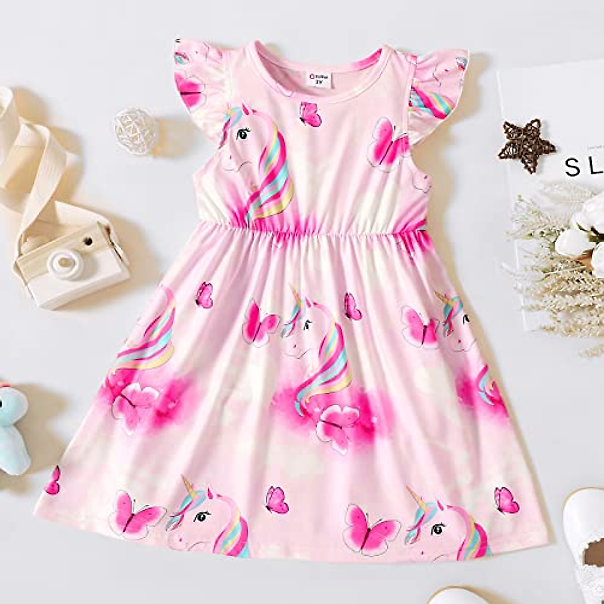 PATPAT Girls Dress Unicorn Printed Casual Dress for Kids Baby Girls Dresses Comfy Ruffle Sleeve Sundress