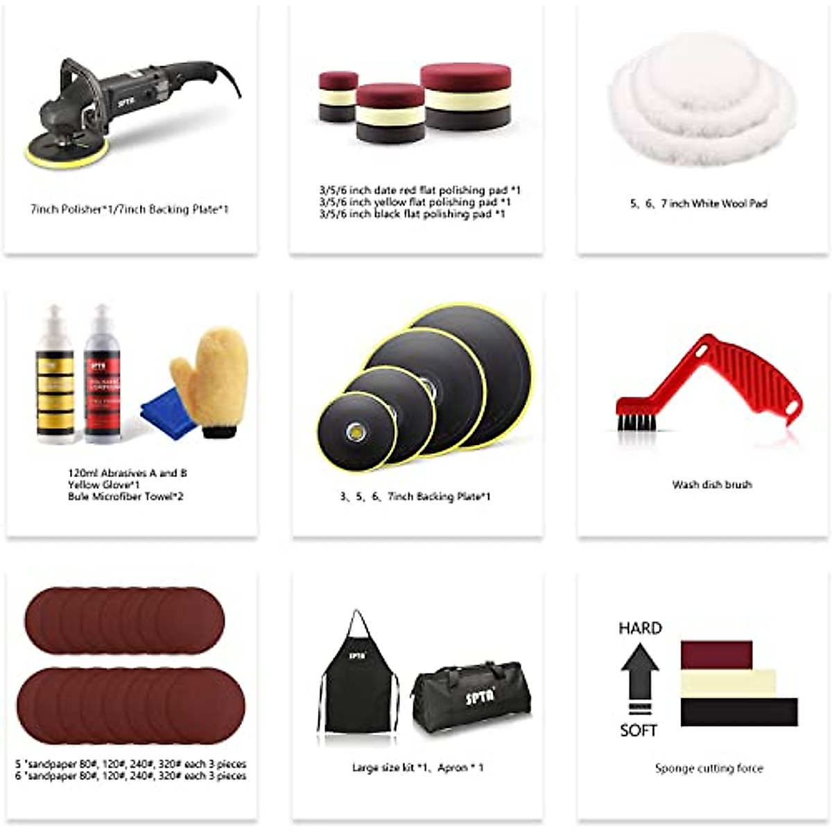 SPTA Buffer Polisher, 7 Inch 180mm Rotary Polisher Car Polisher Electric Polisher RO Polisher & Polishing Pads Set for Auto Buffing and Polishing