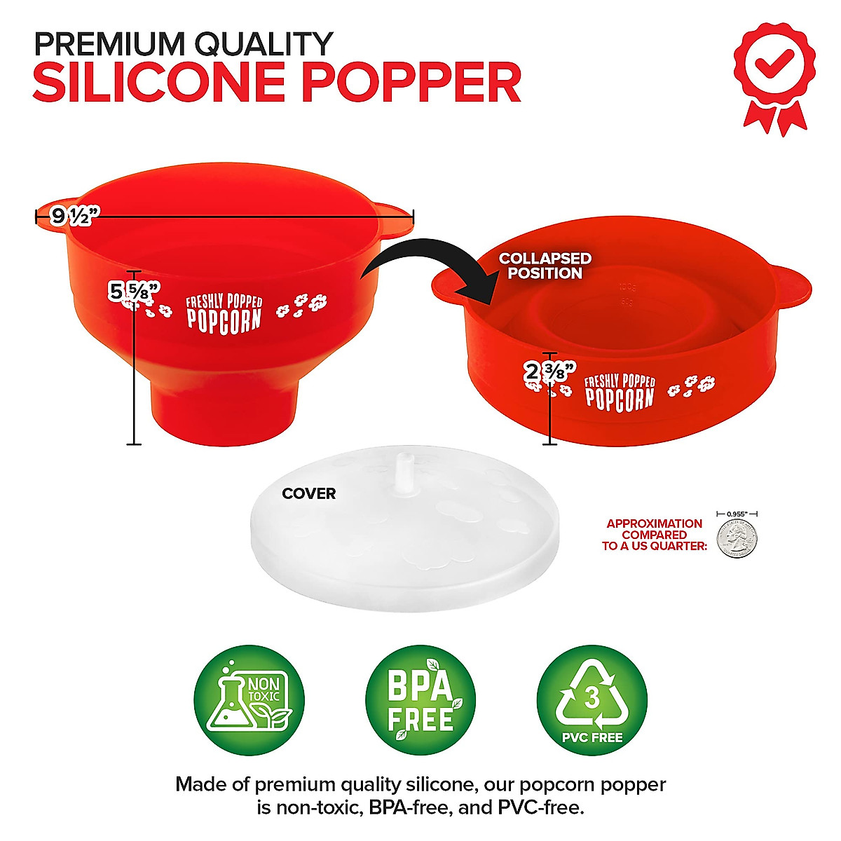 Silicone Microwave Popcorn Popper (Red) Air Popper Popcorn Maker No Oil Required, Collapsible Pop-Corn bowl with Lid, Reusable, BPA-Free, Dishwasher Safe