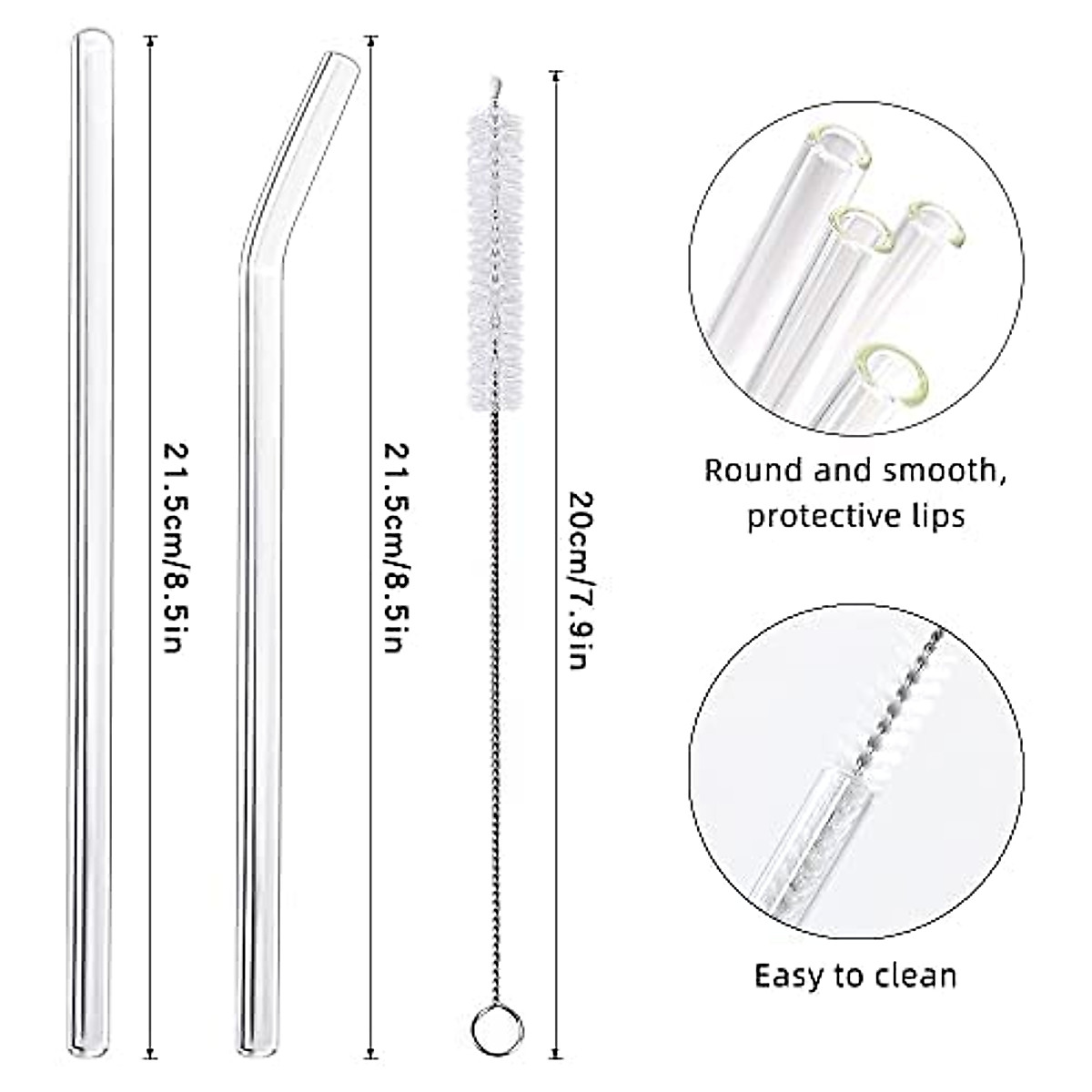 Reusable Drinking Straws Glass Clear 12-Pack, with 4 Cleaning Brush Size 8.5''x10 MM Set of 6 Straight and 6 Bent - Perfect for Cocktail Glass, Smoothies, Tea, Juice, Milkshakes
