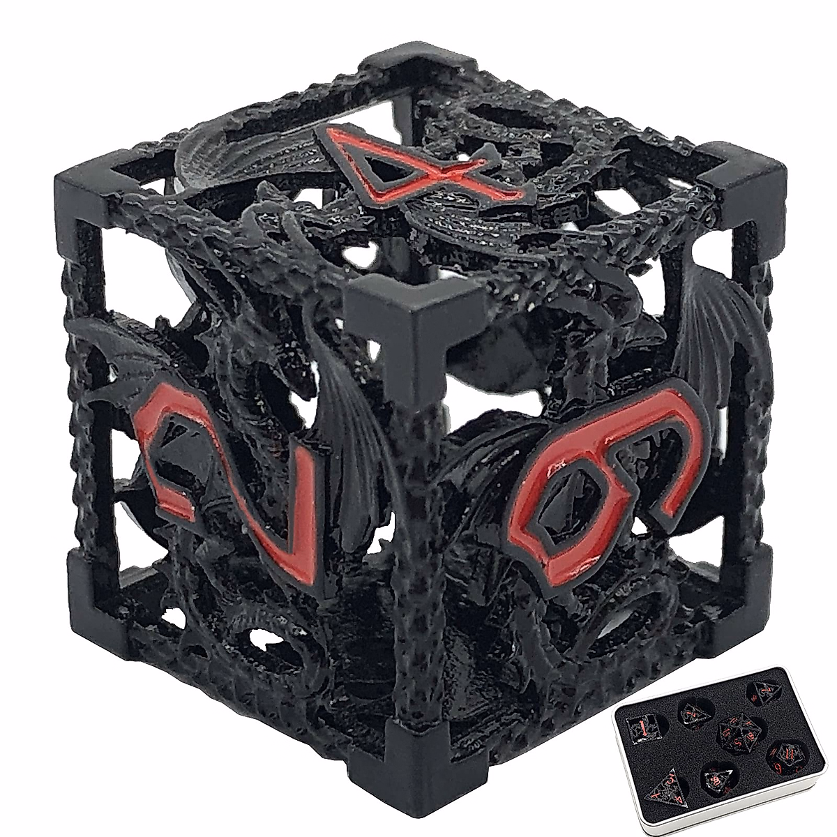 DND Metal Hollow Dragon Dice Set - D&D Black Red Polyhedral Dice (Free Metal Box) Suitable for Pathfinder RPG Board Game Dice (Black Red)