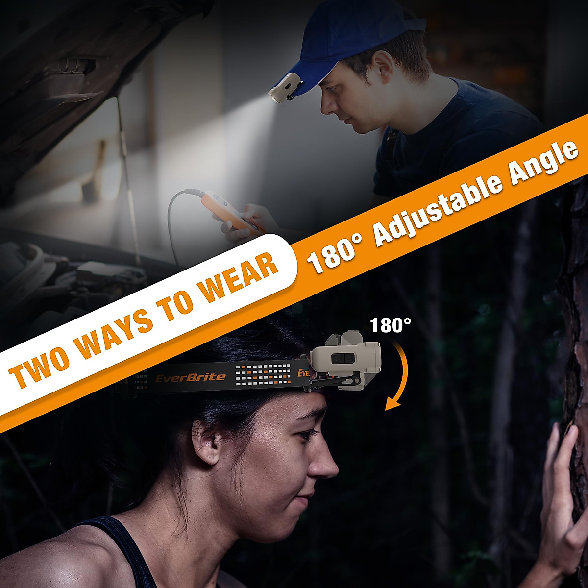 EverBrite Hat Lights Clip On Rechargeable Headlamp with Motion Sensor, 3 Models LED 180° Adjustable Head Lamp to Wear and Clip for Hard Hats, Outdoor Headlight with Red Light for Running, Camping