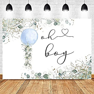 Mocsicka Oh Boy Watercolor Blue Balloon Backdrop Greenery Boy Baby Shower Background Botanical Eucalyptus Baby Shower Party Cake Table Decoration Banner Photo Booth Props (7x5ft)