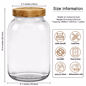 YoenKtss 2 pack 1 Gallon Glass Jars with Airtight Lid, Wide Mouth Mason Jars with Wood Lid, 128 oz Large Glass Jars for Kitchen to Store Flour, Rice, Beans, Grains, Oats, Pasta, Sugar, Cookies