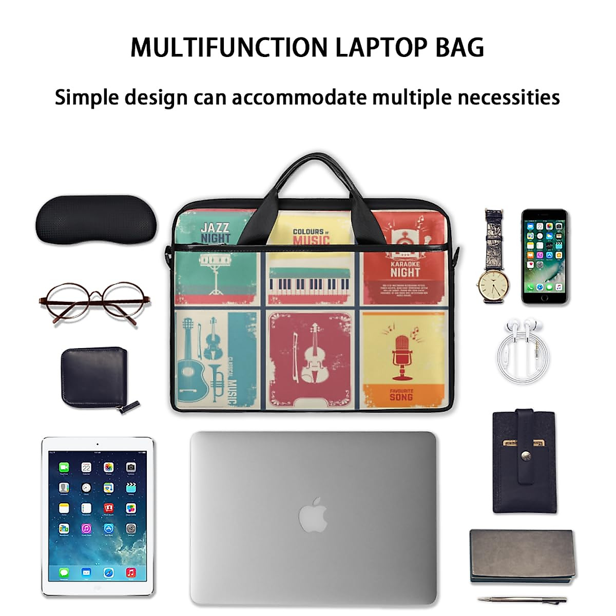 Music Type Laptop Computer Bag Waterproof Shoulder Messenger Bag 13-15 inch Durable Laptop Tote Bag with Shoulder Strap Handle Lightweight Crossbody Briefcase