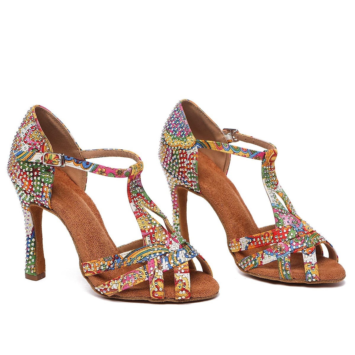 Minishion T-Strap Dance Shoes for Women Rhinestones Wedding Sandals L547 Multicolor US 9