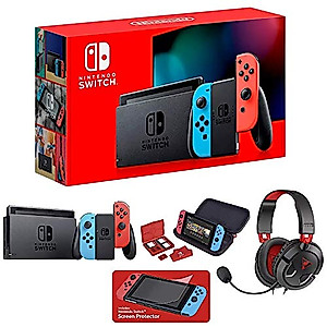 Nintendo Switch Console + Essential Gamer Gear Bundle with RDS Game Traveler Deluxe Travel Case and Turtle Beach Recon 50 Headset (US Warranty, 64GB SD Card Bundle, Neon)