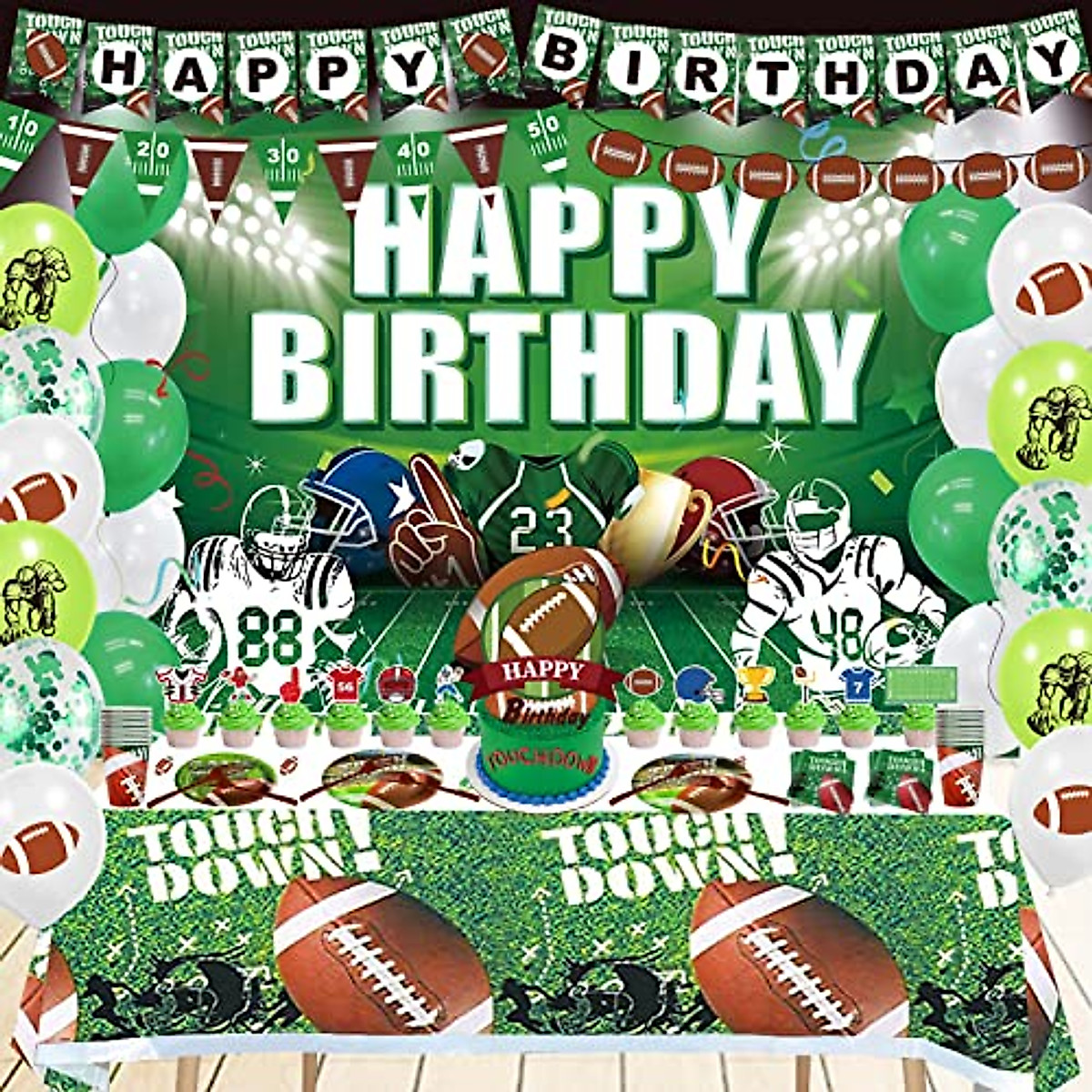 176pcs Football Birthday Party Decorations Includ Birthday Banner, Football Garland,Tablecloth, Football Backdrop, Football Foil Balloon, Tableware ect Boys Sports Theme & Superbowl Party Supplies