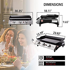 Royal Gourmet PD1302 3-Burner 26,400-BTU Portable Gas Grill Griddle, Flat Top for Outdoor Camping, Tailgating, Picnics, Silver