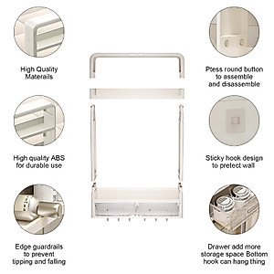 Oroonoko 2 Tier Plastic Bathroom Shelf Wall Mounted,Adhesive Shower Caddy Storage with 2 Drawers and 6 Hooks for Bathroom Kitchen Refrigerator (2 Tiers with Draws)