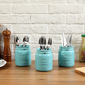 MyGift Aqua Blue Ceramic Mason Jar Flatware Holder Storage Organizer with Decorative Embossed Utensil Caddy Word Design, Farmhouse Kitchen Decor, Set of 3