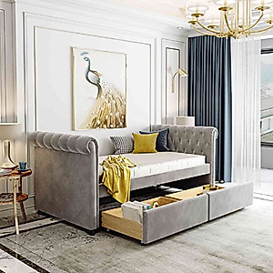 ATY Twin Size Daybed with Two Storage Drawers, Upholstered Sofa Bed Bedframe w/Wood Slat Support, No Box Spring Needed, for Bedroom, Guestroom, Save Space, Gray