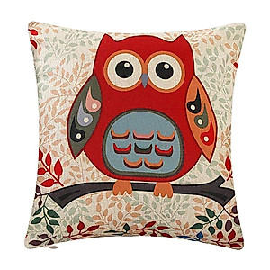 Bursonvic Cartoon Pattern Throw Pillow Case Cushion Cover Square Home Farmhouse/Modern Decorative Cotton Linen Pillowcase for Sofa/Bench/Couch (Fat Owl, 18" x 18")
