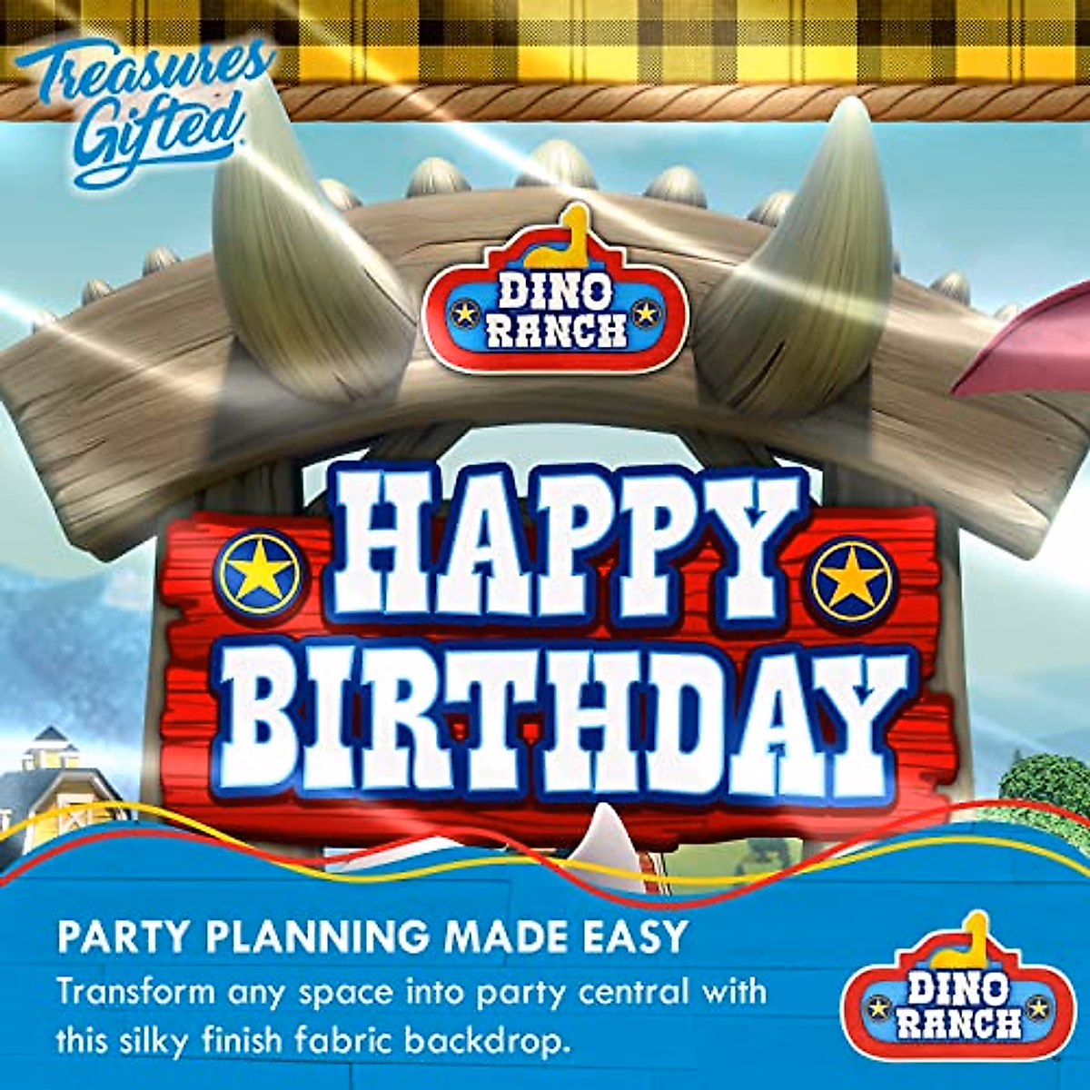 Treasures Gifted Dino Ranch Birthday Party Supplies - Dino Ranch Backdrop - 4.25ft Tall x 6ft Wide Happy Birthday Backdrop - Large Dino Ranch Birthday Banner - Dino Ranch Party Decorations for Wall