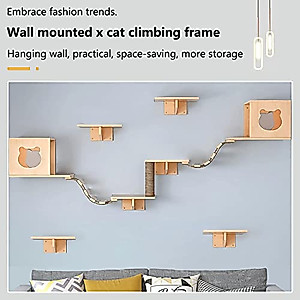 Cat Wall Shelves, Cat Wall Furniture, Cat Shelves and Perches for Wall, Cat Wall Steps Set with 2 Cat Condos House, 6 Cat Wall Shelves, 2Ladder, 1 Sisal Cat Scratching Post