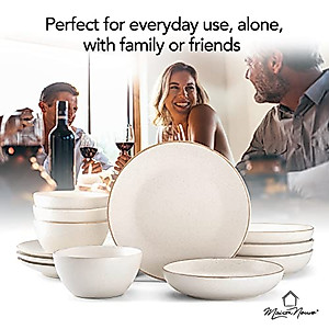 Riverside Collection by Maison Neuve 12-Piece Dinnerware Set Service for 4 - Hand Crafted Bowls and Plates Set, Stoneware Dinnerware Set, Microwave & Dishwasher Safe Plate Set - Oxford White