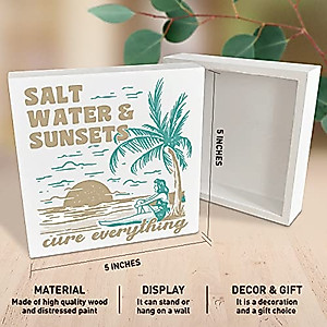 Farmhouse Beach Wooden Box Sign, Salt Water and Sunsets, Summer Beach Decor for Home Bedroom Bathroom, Inspirational Beach House Ocean Nautical Decoration, Beach House Gifts for Women Men New House