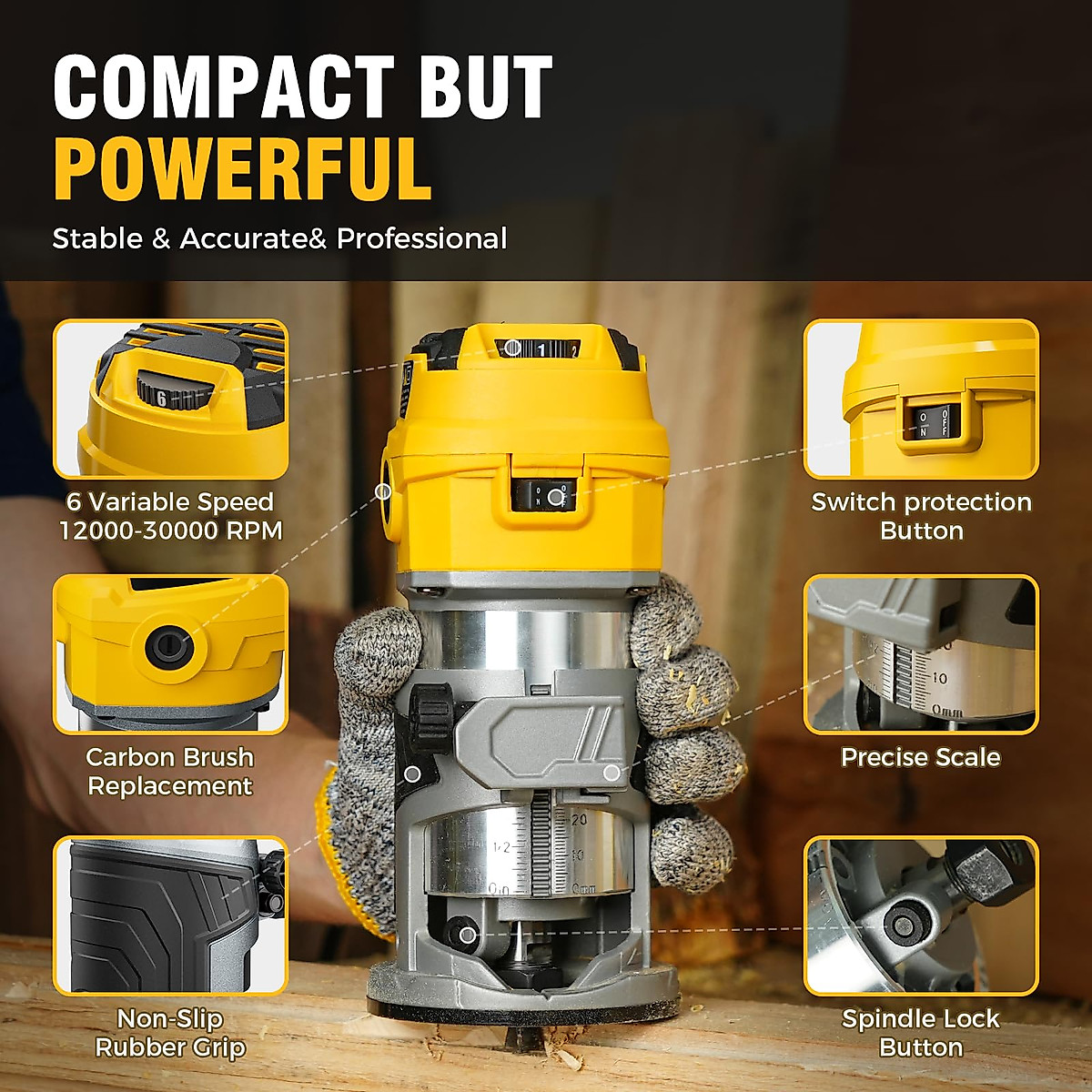 Alloyman Router Tool, 8.5Amp Wood Router, Max 30000 RPM Handheld Palm Router, 6 Variable Speed, 12Pcs Wood Compact Router Bits, 950W Wood Trim Routers Kit for Woodworking Trimming