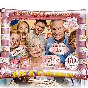 60th Brithday Decoration, 30PCS 60th Birthday Photo Booth Props, LMSHOWOWO Inflatable Photo Booth Frame, Rose Gold Inflatable Selfie Frame, Glitter Birthday Party Photo Props, for Women Birthday Gifts