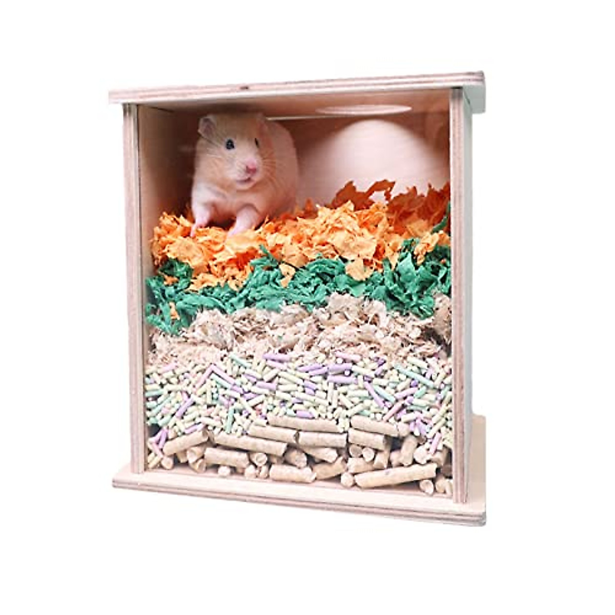 Wooden Hamster Hideout & Exploration House Hamster Sand Bath Container Small Animal Digging Box with Acrylic Transparent Board for Hamsters Mice