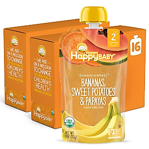 Happy Family Happy Baby Organic Clearly Crafted Stage 2 Baby Food Bananas, Sweet Potatoes & Papayas, 4 Pouch (Pack of 16), Banana Sweet Potato Yellow Papaya, 64 Oz