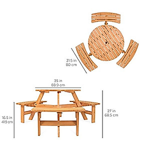 Best Choice Products 6-Person Circular Outdoor Wooden Picnic Table for Patio, Backyard, Garden, DIY w/ 3 Built-in Benches, 500lb Capacity - Natural