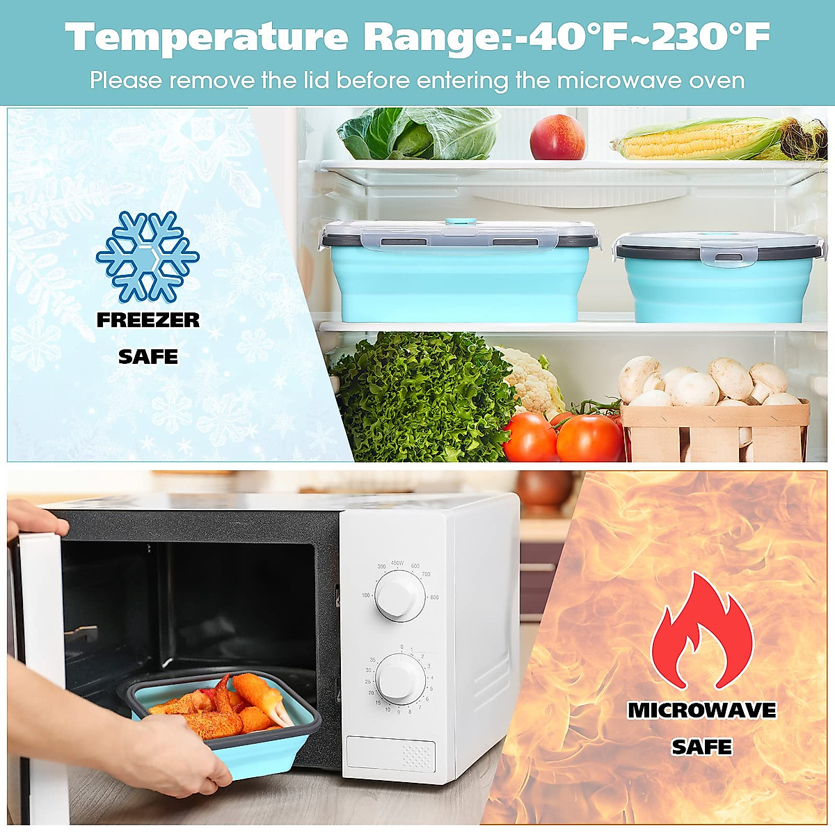 8 Pieces Collapsible Food Storage Containers Foldable Silicone Lunch Containers with Lids, 4 Pcs Silicone Rectangle Collapsible Bowls and 4 Pcs Round Food Bowls, Microwave Freezer and Dishwasher Safe