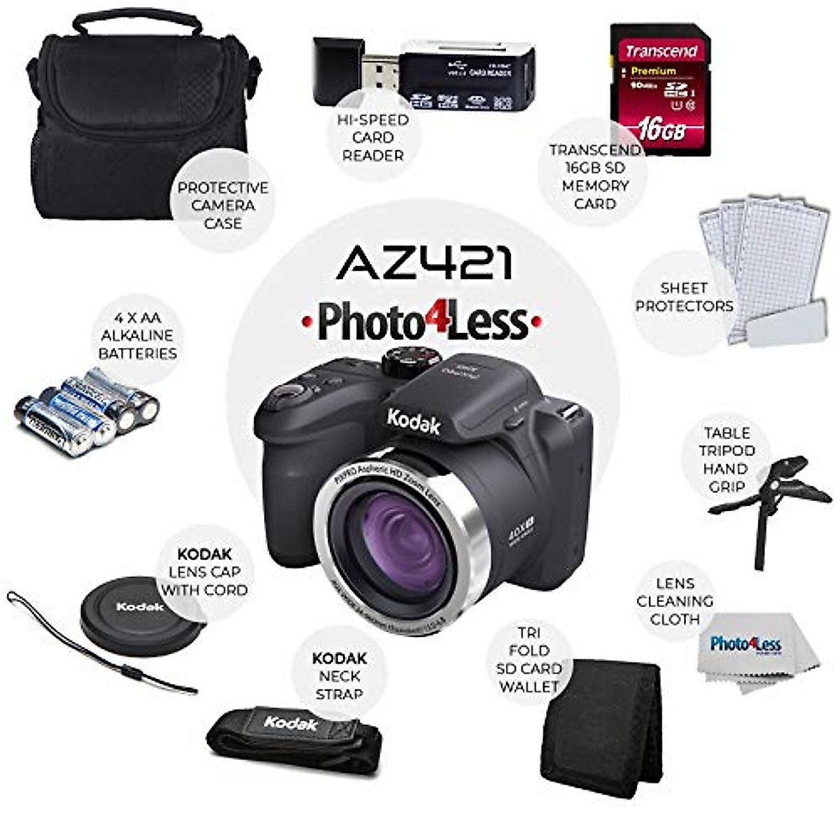 Kodak PIXPRO AZ401 Astro Zoom 16MP Digital Camera (Black) + Camera Case + Transcend 16GB SDHC Class10 UHS-I Card 400X Memory Card + USB Card Reader + Table Tripod + Accessories