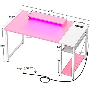 armocity 47 Gaming Computer Desk with LED Lights, Power Outlet and USB, Reversible Laptop Table with Moveable Monitor Stand for Small Spaces, Office, Gaming Room, Pink and White