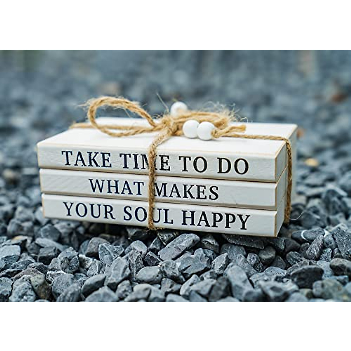 3 Pieces Wooden Decorative White Books, Rustic Farmhouse Book Stack, Faux Books for Coffee Table Shelves with Wood Bead Tassels and Leaves, for Modern Home Decor, 7'x 4.6'x 2.5'