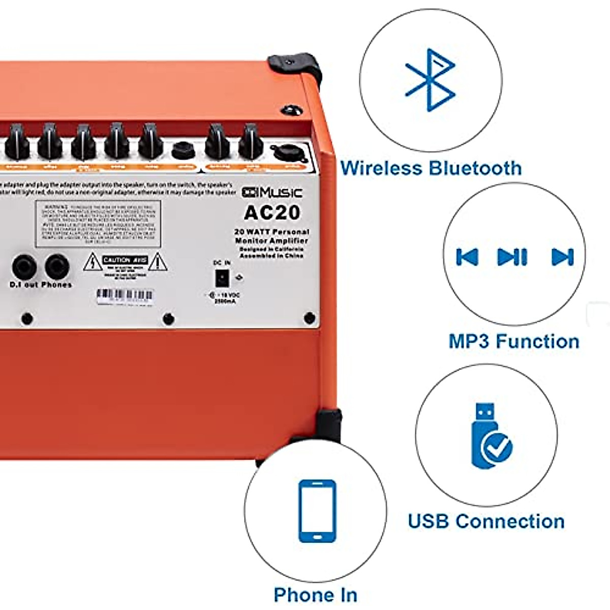 Acoustic Guitar Amplifier, 20 Watt Bluetooth Amp for Guitar Acoustic with Reverb Chorus Effect, 3 Band EQ（Including Microphone and Audio Cable）