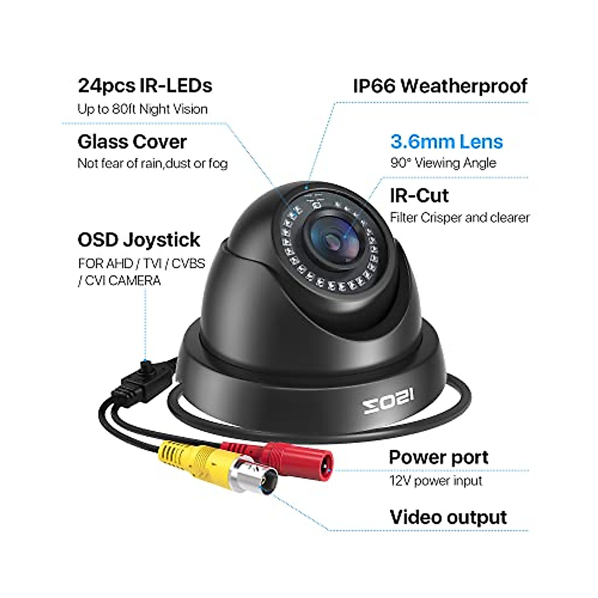 ZOSI 2.0MP FHD 1080p Dome Camera Housing Outdoor Indoor (Hybrid 4-in-1 CVI/TVI/AHD/960H Analog CVBS),24PCS LEDs,80ft IR Night Vision,CCTV Security Camera with 105° Wide Angle